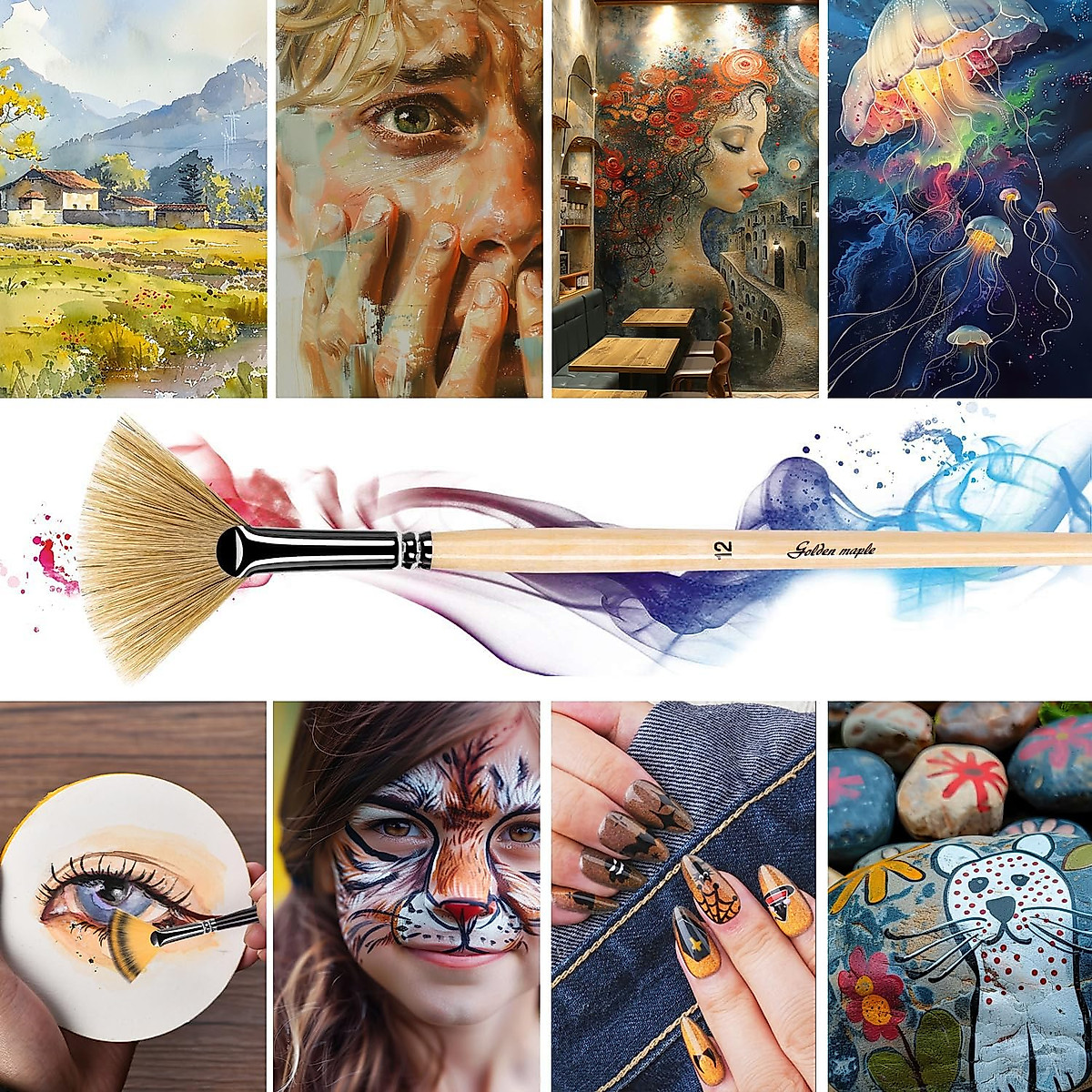 Artist Fan Paint Brush Set of 6, Hog Bristle Natural Hair Anti-Shedding Brush Tips, Long Wooden Handle for Comfortable Holding, Great for Acrylic Watercolor Oil Painting