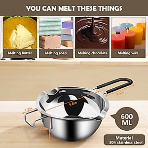 Artcome 5pcs Double Boiler Melting Pot Set - 600ML/0.6QT and 1000ML/1QT Chocolate Stainless Steel Melting Pot, Decorating Spoons, Silicone Spatula and Dipping Tool for Melting Chocolate, Candy, Soap