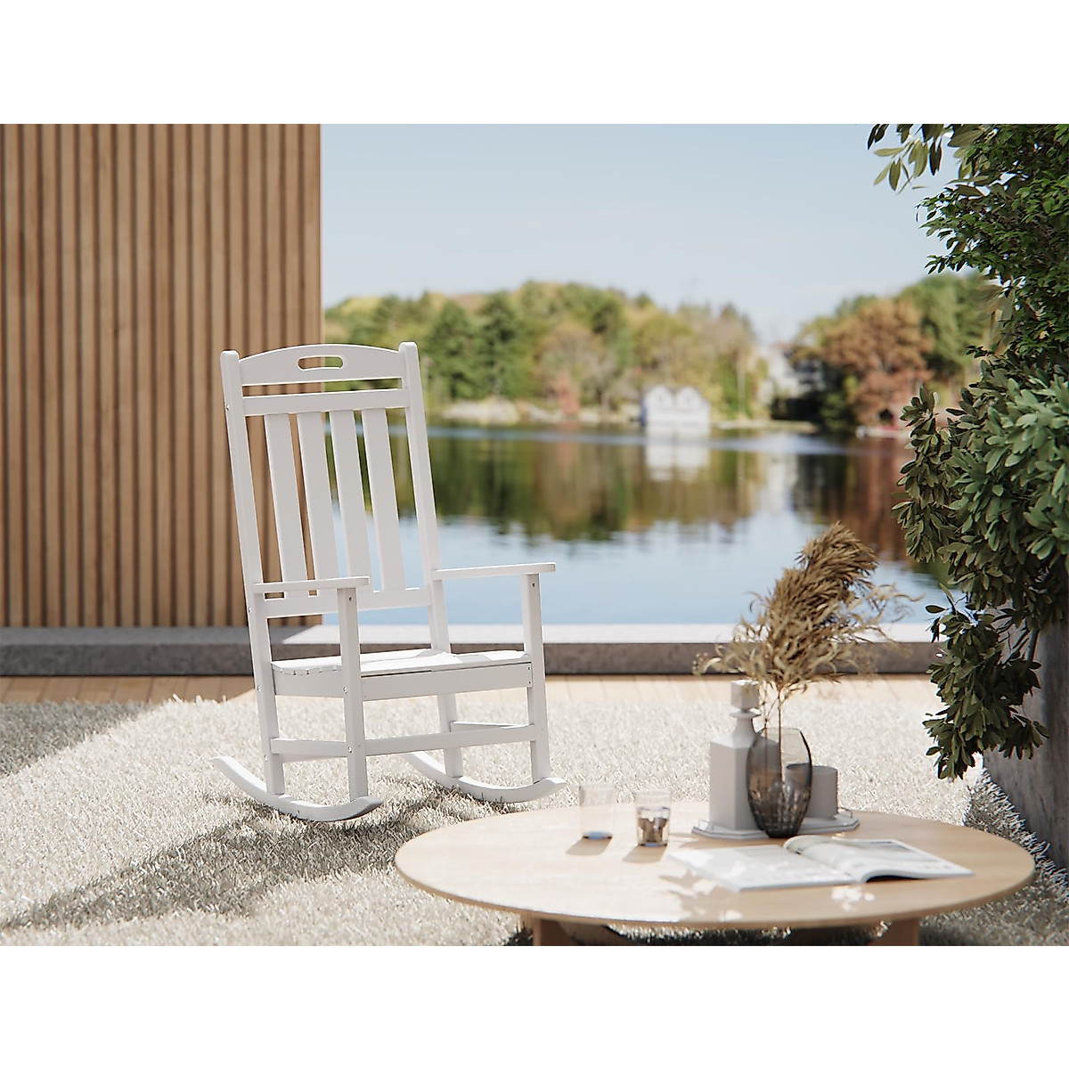 POLYDUN Outdoor Rocking Chair, Looks Like Wood, High Back Poly Lumber Patio Rocker Chair, 365Lbs Support, All-Weather Porch Rocking Chair for Lawn, Backyard, Indoor, Garden, White