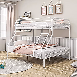 HomJoones Heavy Duty Metal Bunk Bed Twin Over Full Size, Heavy Duty Floor Bunk Beds Frame with Enhanced Upper-Level Guardrail (White)