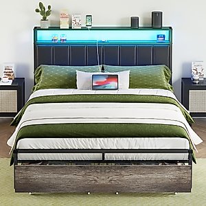 AMERLIFE LED Bed Frame with Drawers, Queen Platform Bed Frame with 2-Tier Storage & Leather Upholstered & Charging Station Headboard, Easy Assembly, No Box Spring Needed, Noise Free, Rustic Grey