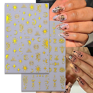 8 Sheets Metallic Sun Star Moon Nail Art Stickers 3D Self-Adhesive Gold Decals Sun God Asterisk Snake Eyes Design for Women Acrylic Nails DIY Decoration Supplies