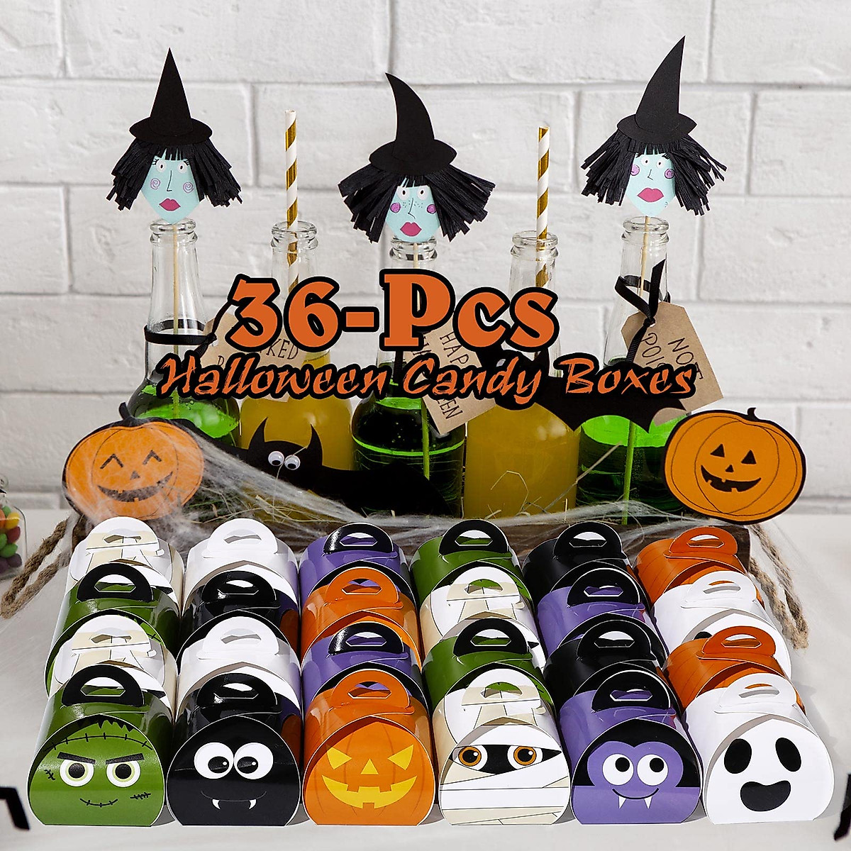 36 Pieces Halloween Trick or Treat Boxes Halloween Goodie Boxes Halloween Candy Boxes with Handle Candy Container Halloween Favor Boxes for Halloween Party Treat Favors Decoration, 6 Patterns