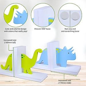 Copper Tree - Kids bookends - 2 Sets of Dinosaur Bookends – Children Book Holders for Shelves – Wooden Dinosaur Shelf Decor – Large Wooden Book Stopper for Nursery, Kids and Boys Room