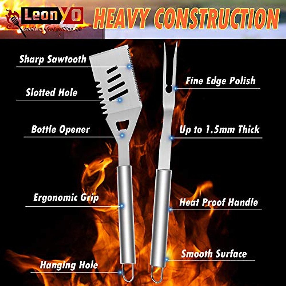 Leonyo 27PCS BBQ Grill Accessories in Case, Heavy Duty Stainless Steel Barbecue Grilling Tools Set for Kitchen Outdoor Cooking Camping Smoking, Dishwasher Safe, Portable Bag, Gift for Men Women