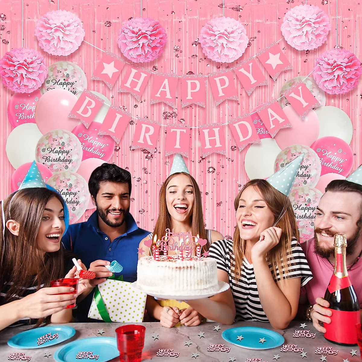 Pink Birthday Decorations, Birthday Decorations for Girls, Pink and White Balloons Happy Birthday Banner Tablecloth Paper Pom Poms Foil Fringe Curtain for Kids Women Birthday Pink Party Supplies