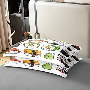 100% Natural Cotton Sushi Pattern Bedding Set Twin, Japanese Style Duvet Cover, Food Theme Comforter Cover Set For Kids Boys Girls Teens, Cute Cartoon Japanese Sushi Bedding Room Decorative