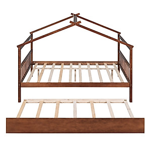 GOWE Full Size Wooden House Bed with Twin Size Trundle, Walnut