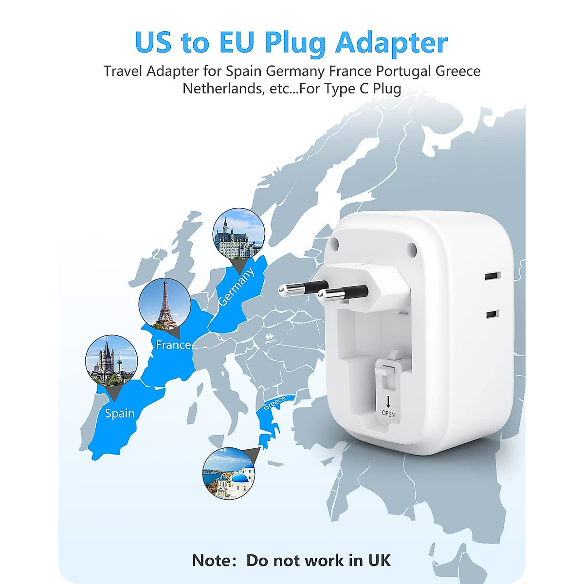European Travel Plug Adapter, LENCENT International Type-C Foldable Power Plug with 4 Outlets, USB C Charger Adaptor, US to Most of Europe EU Iceland Spain Italy France Germany, Cruise Ship Approved