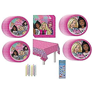 Barbie Dream Birthday Party Supplies Bundle Pack includes Dessert Plates, Lunch Plates, Napkins, Table Cover, Candles (Bundle for 16)