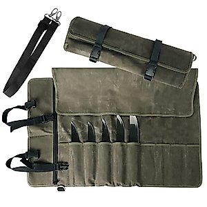 JNMMPEARL Chef’s Knife Roll Bag, Waxed Canvas Knife Cutlery Carrier,Knife Pouch Holders With 10 Slots Plus 1 Zipper Pockets, storage bag for knives，gifts for chefs and cooking beginners， ArmyGreen