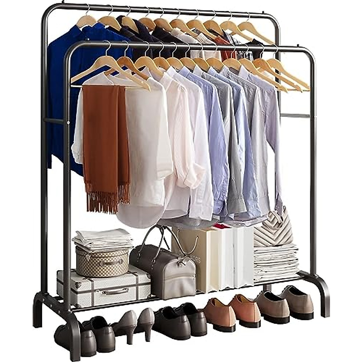 GISSAR Metal Clothing Rack, Double Rod Garment Rack with Bottom Shelf for Hanging Clothes, Coats, Skirts, Shirts, Sweaters, Boxes Shoes Boots Storage Organize, Height 57", Black