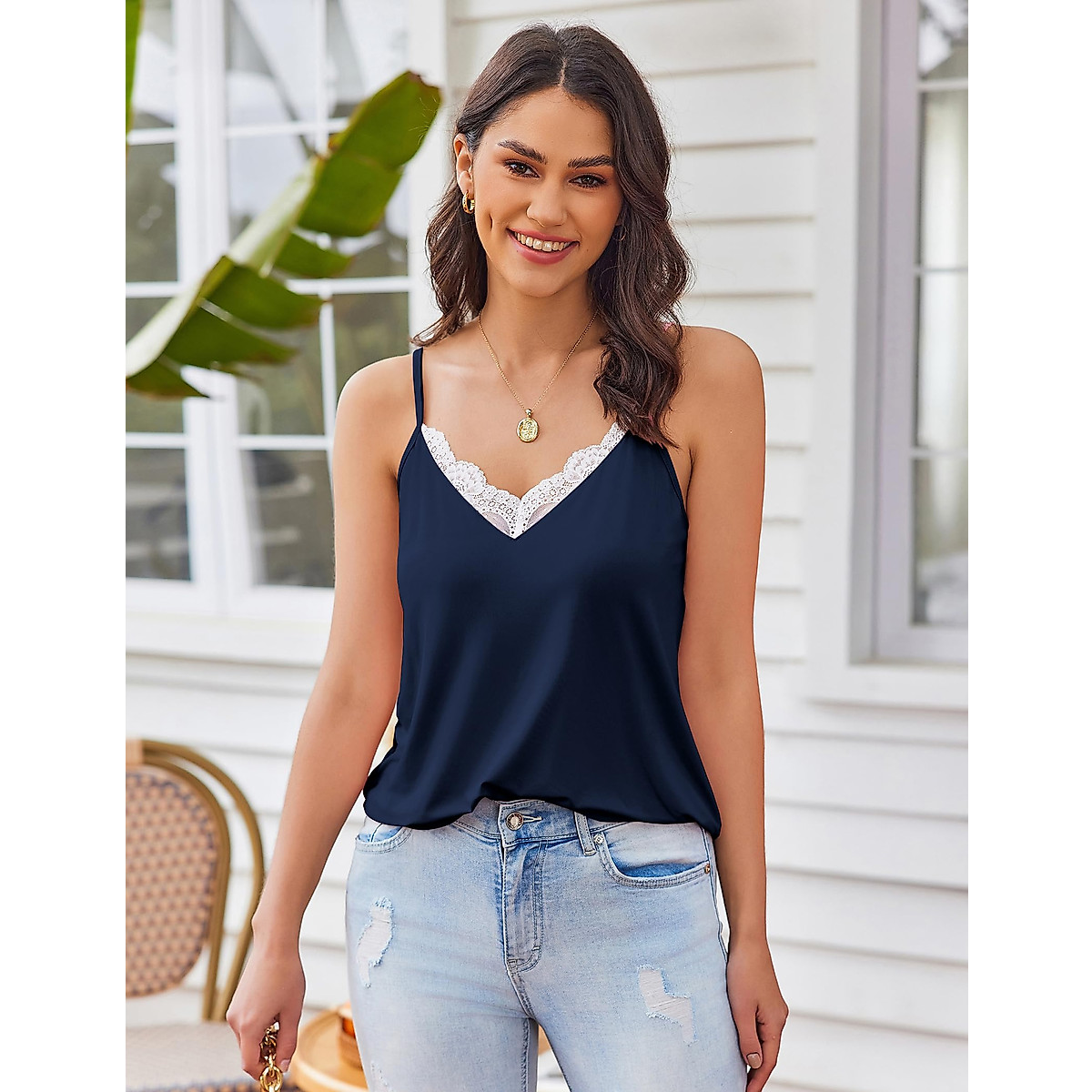 Ekouaer Pajama Sets for Women Lingerie Sleepwear 2 Piece Cami Shorts Set V Neck Pj Lace Sleepwear Navy Blue M