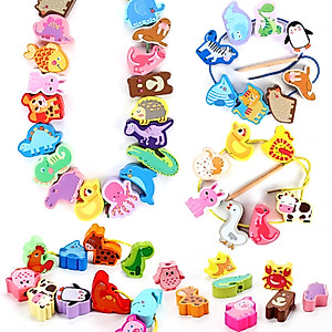 Tacobear Wooden Lacing Beads for Toddlers Montessori Threading String Toys, Dino Safari Farm Sea Animal Preschool Educational Learning Toys Christmas Birthday Gift for Kids 3 4 5 6 Year Old Boys Girls