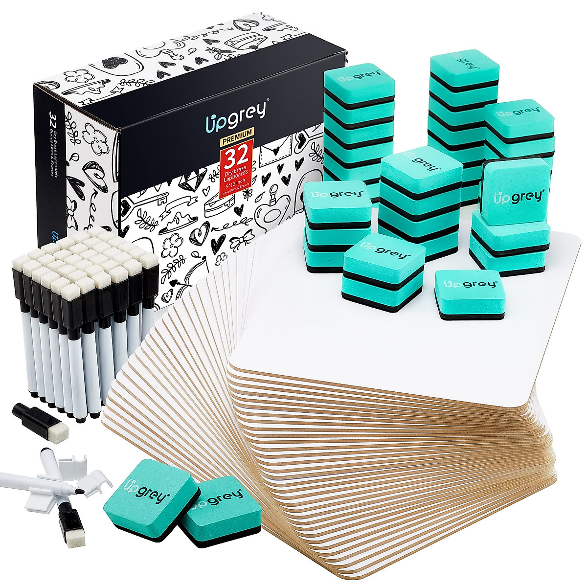 32 Pack Dry Erase Lapboards, Double-Sided Small White Board for Classroom Student, 9"x12" Portable Dry Erase Board Bulk, Mini Whiteboard with 36 Pens, 36 Erasers & 36 Pen Holders, for Teacher Supplies