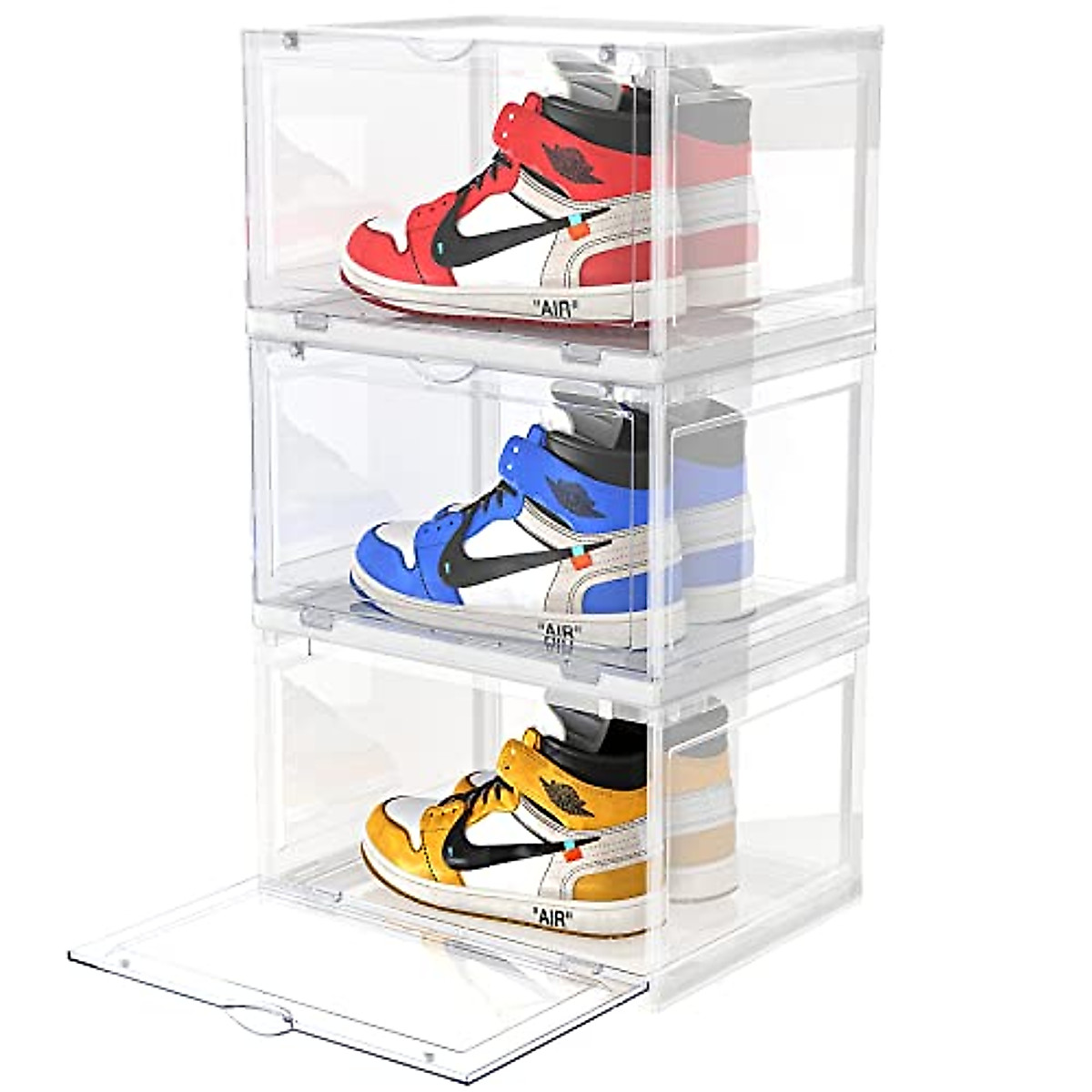 C&AHOME Clear Shoe Box, Clear Shoe Box Storage, Set of 3, Large Size Plastic Shoe Box with Magnetic Door, Shoe Organizer, Box Stackable for Display Sneakers, Fit Up to US Size 14'' Clear UCSBP03C