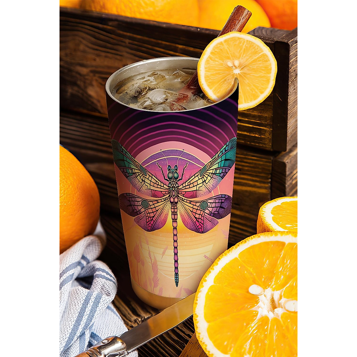 ORCAE 20oz Colorful Hippie Dragonfly Tumbler, Gifts for Dragonfly Lovers, Coffee Thermos for Women, Stainless Steel Double Wall Vacuum Insulated Coffee Mug, Travel Cup with Lid - B
