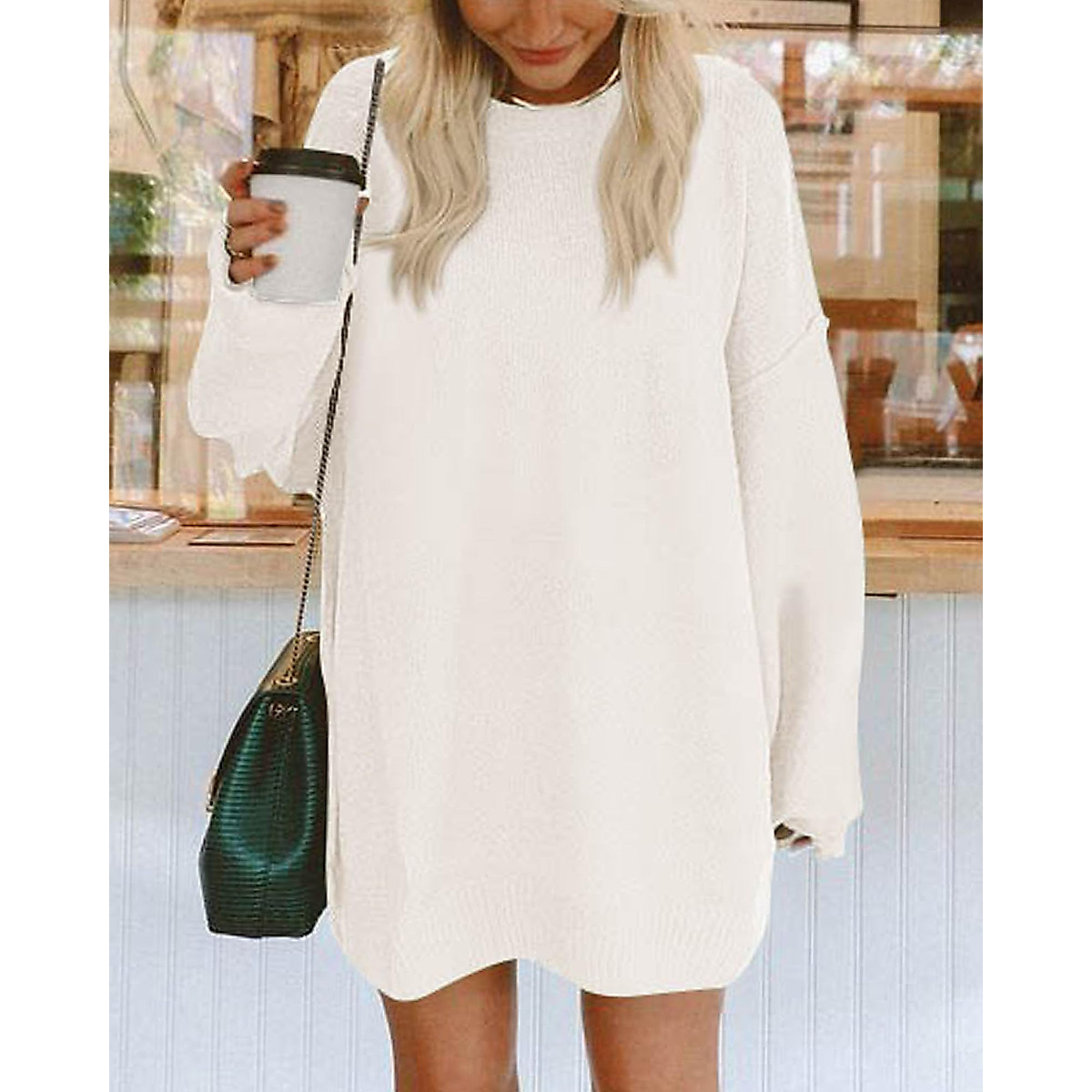 BTFBM 2025 Womens Sweaters Casual Crewneck Long Sleeve Oversized Sweater Dress Fall Winter Loose Slouchy Soft Pullover(Solid White, X-Large)