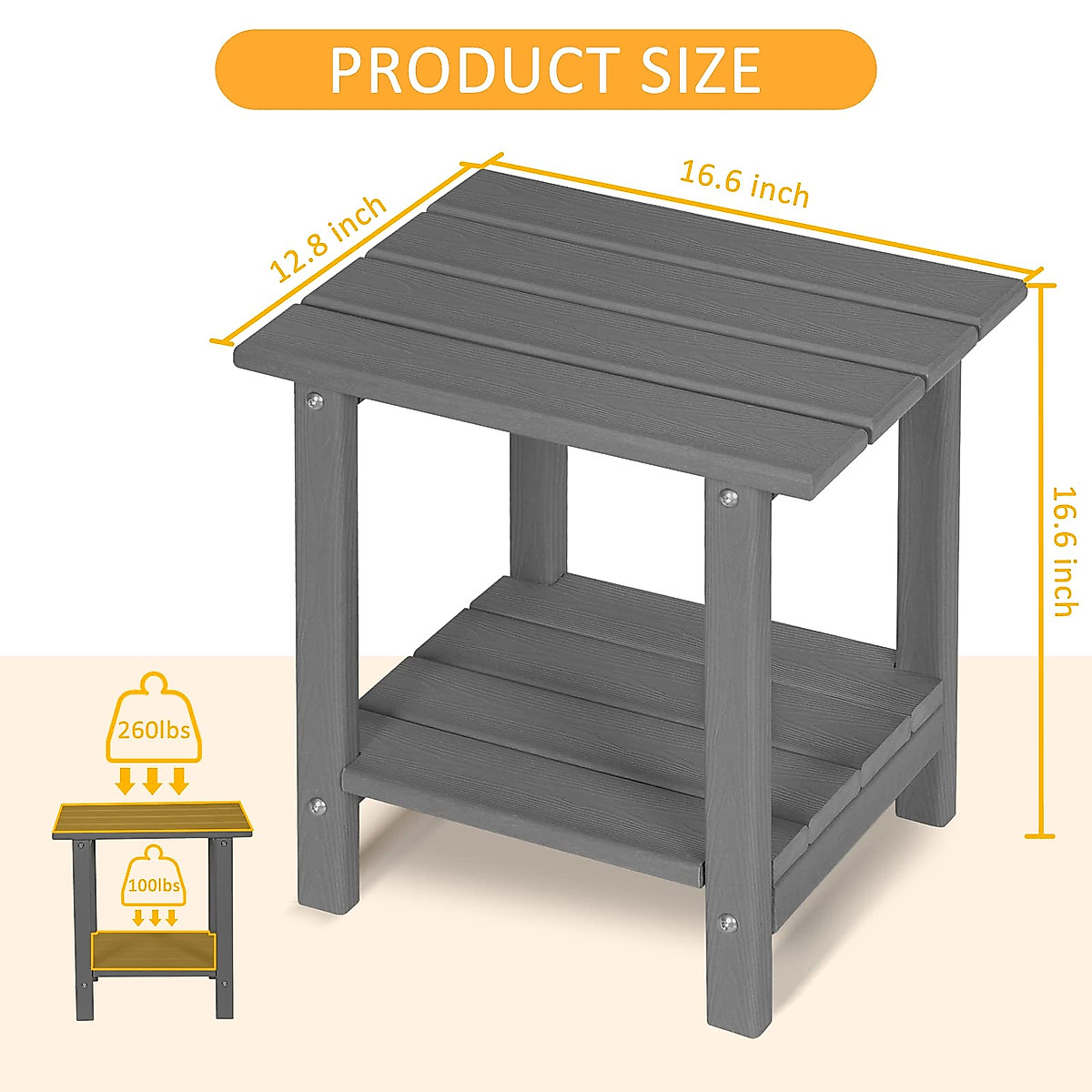 LOENIY 2 Tier Outdoor Side Table with Wood-Like Grain, 16.6" HDPE Adirondack Table Patio Side Table, Weather Resistant End Table for Pool, Patio & Porch, Small Outdoor Table (Grey, Rectangle)