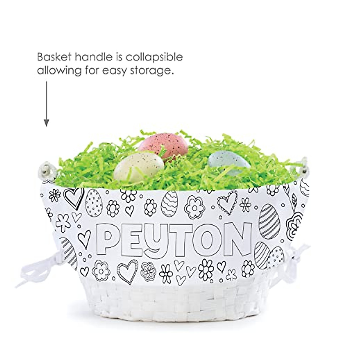 Floral and Heart Theme DIY Personalized Easter Egg Basket with Handle and Custom Name | Color It Yourself Easter Basket Liners | White Basket | Woven Easter Baskets for Kids | Customized Easter Basket