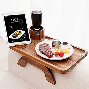 Nnewvante Couch Cup Holder Tray, 3 in 1 Large 15.36"x9.85" Acacia Wood Sofa Arm Clip on Tray Table with 360°Rotated Phone Holder on Armrest