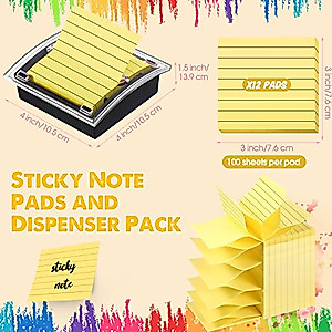 10 Pads Lined Post Notes with Pop up Sticky Note Dispenser Holder 3x3 Inch Clear Top Black Base, Self Stick Notes with Lines Adhesive Ruled Memo Pads Refills, 100 Sheets/pad