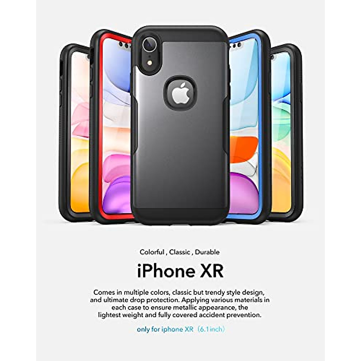 YOUMAKER Metallic Designed for iPhone XR Case, Full Body Rugged with Built-in Screen Protector Slim Fit Shockproof Cover for iPhone XR 6.1 Inch - Black