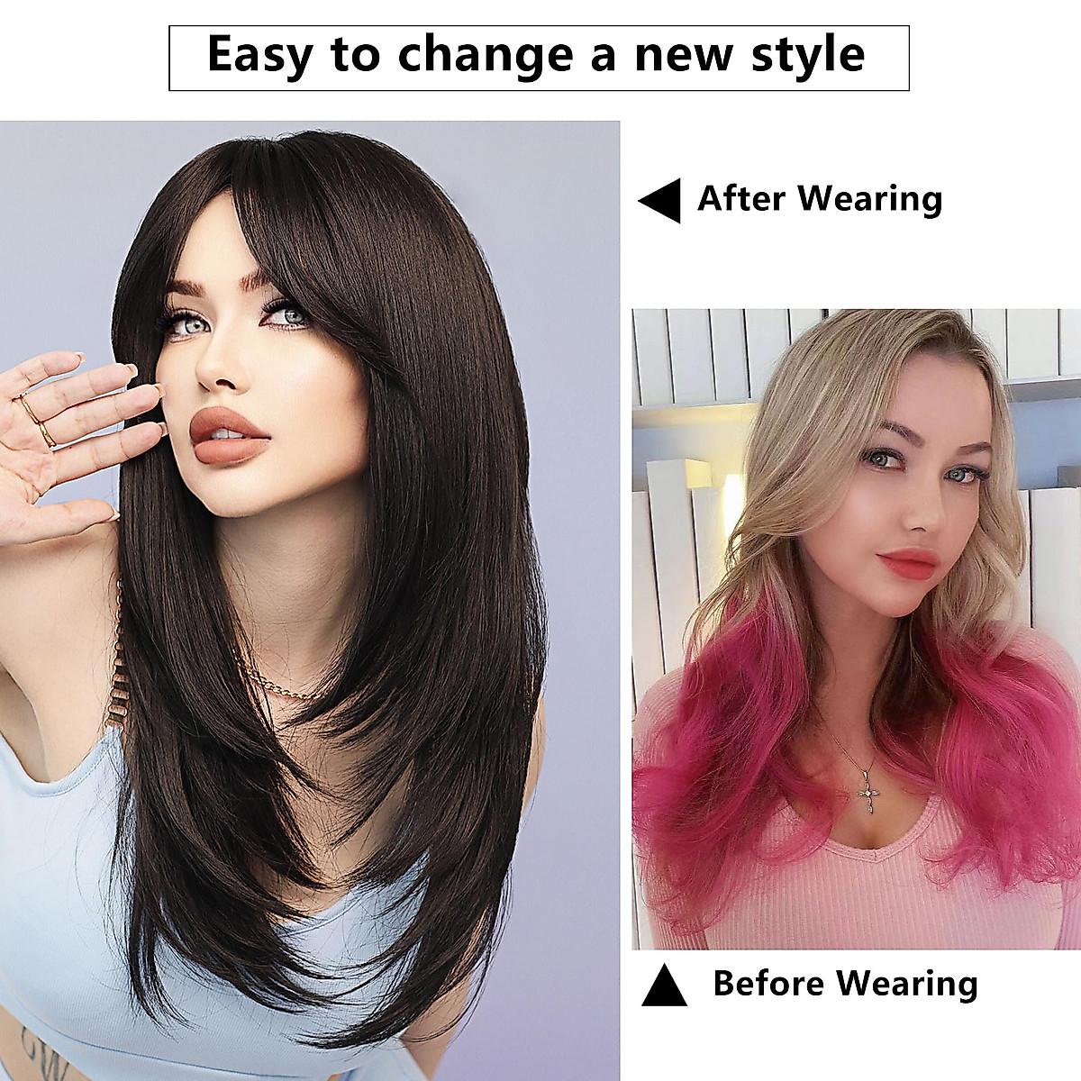 7JHH WIGS Long Natural Black Wig with Bangs Straight Wigs for Women,Heat Resistant Layered Synthetic Wigs for Daily Use