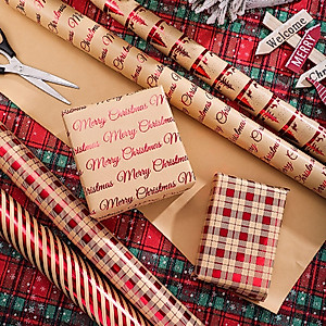 woric Jumbo Christmas Wrapping Paper 30 Inch 4 Rolls Gift Wrapping Paper Christmas Rolls, Brown Paper with Red Pattern Vintage Christmas Stocking Stuffers, 10 Feet Per Roll