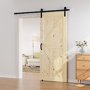 SMARTSTANDARD 36in x 84in Sliding Barn Door with 6.6ft Barn Door Hardware Kit & Handle, Pre-Drilled Ready to Assemble, DIY Unfinished Solid Spruce Wood Panelled Slab, K-Frame, Natural