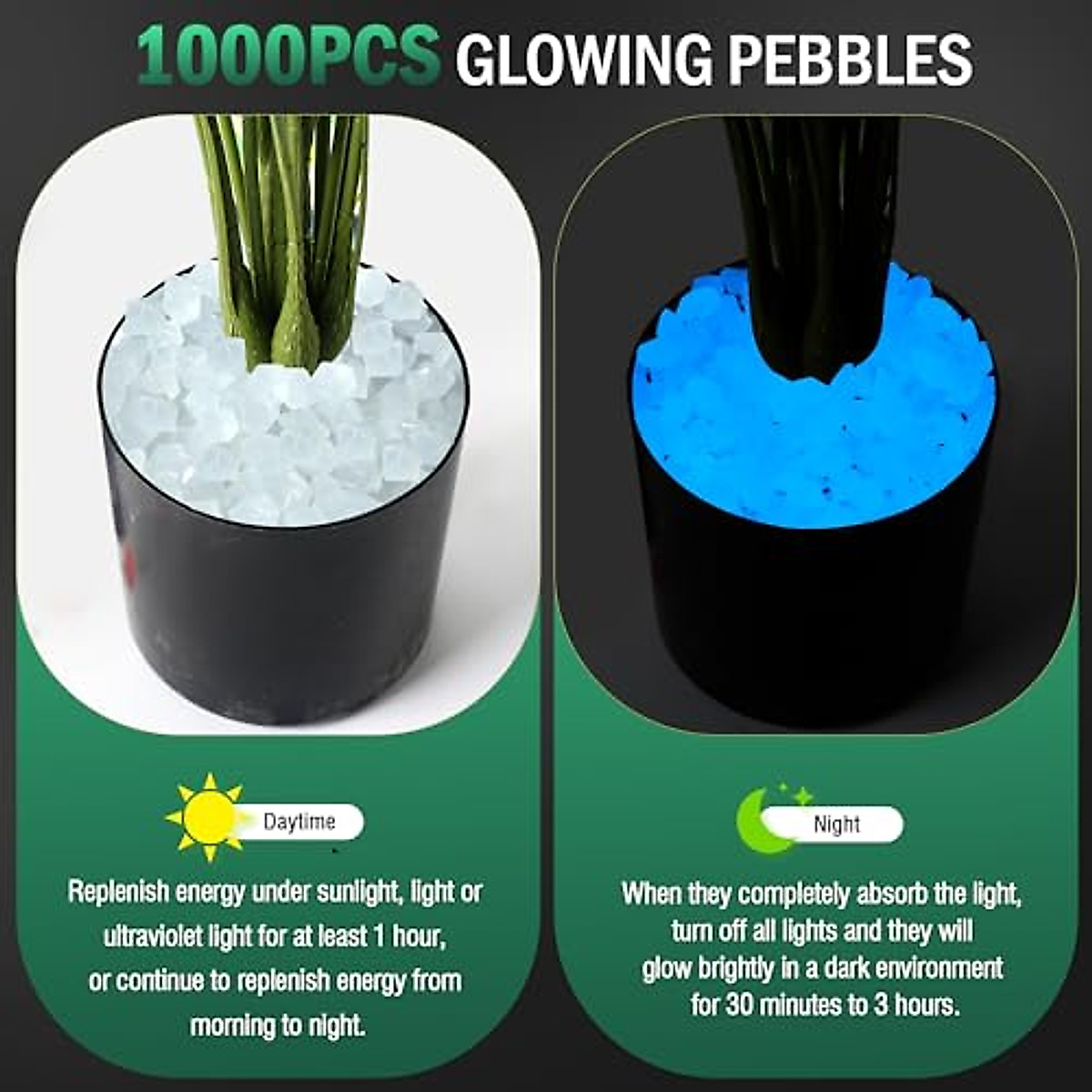 Glow in The Dark Rocks Outdoor Garden Decoration Stones, 1000 PCS Glow Pebbles Diamond Shape Luminous Stones for Outside Patio Yard Fish Tank Flower Bed Vase Potted Plant Decoration (White)