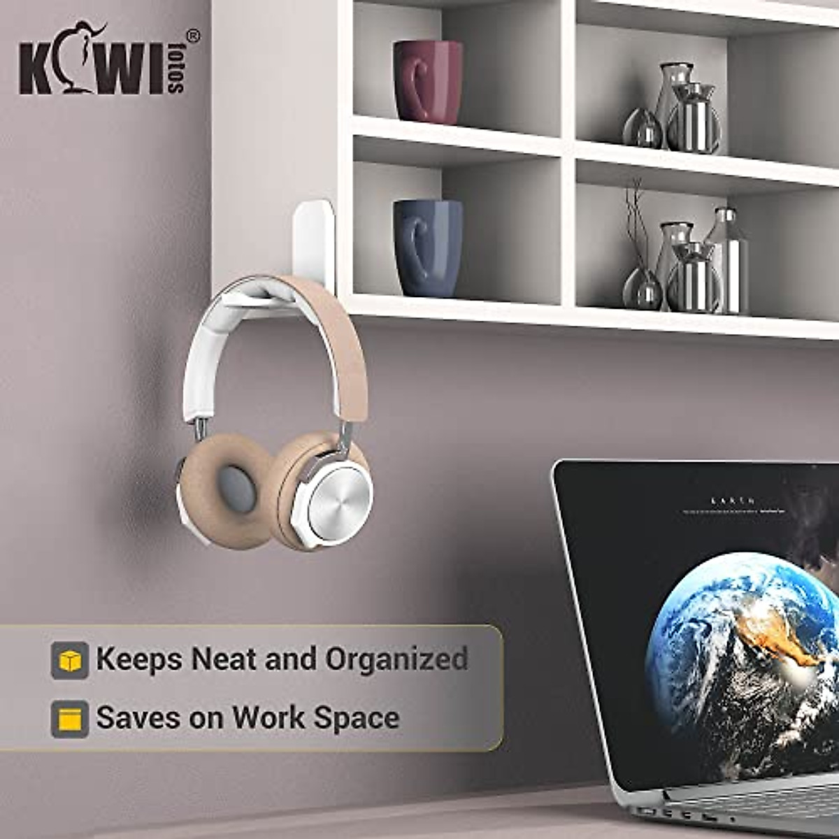 KIWIFOTOS 2 PackA dhesive Desk Headphone Hanger, PC Gaming Headset Holder Stand, Adhesive Holder Mount for Wall, Foldable Headphones Hook Mount Under Desk - White,Two Pack