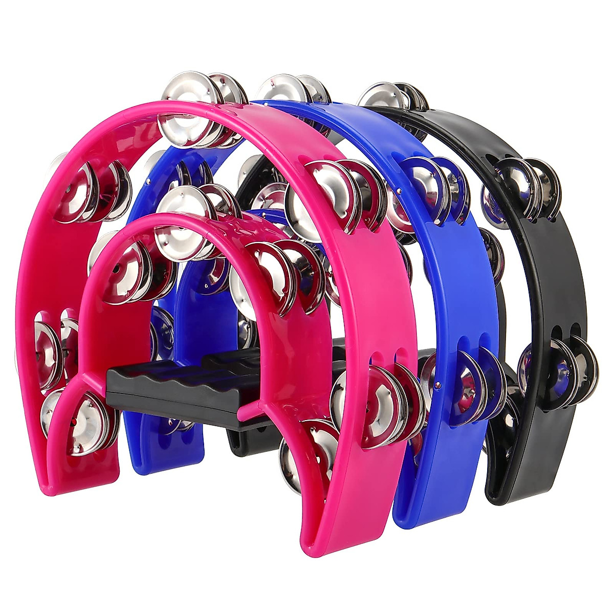 SINJEUN 4 Pack 10 Inch Double Row Tambourine, Metal Jingles Hand Held Percussion with Ergonomic Handle, 4 Colors Half Moon Musical Tambourine for Beginner, Church, KTV, Party