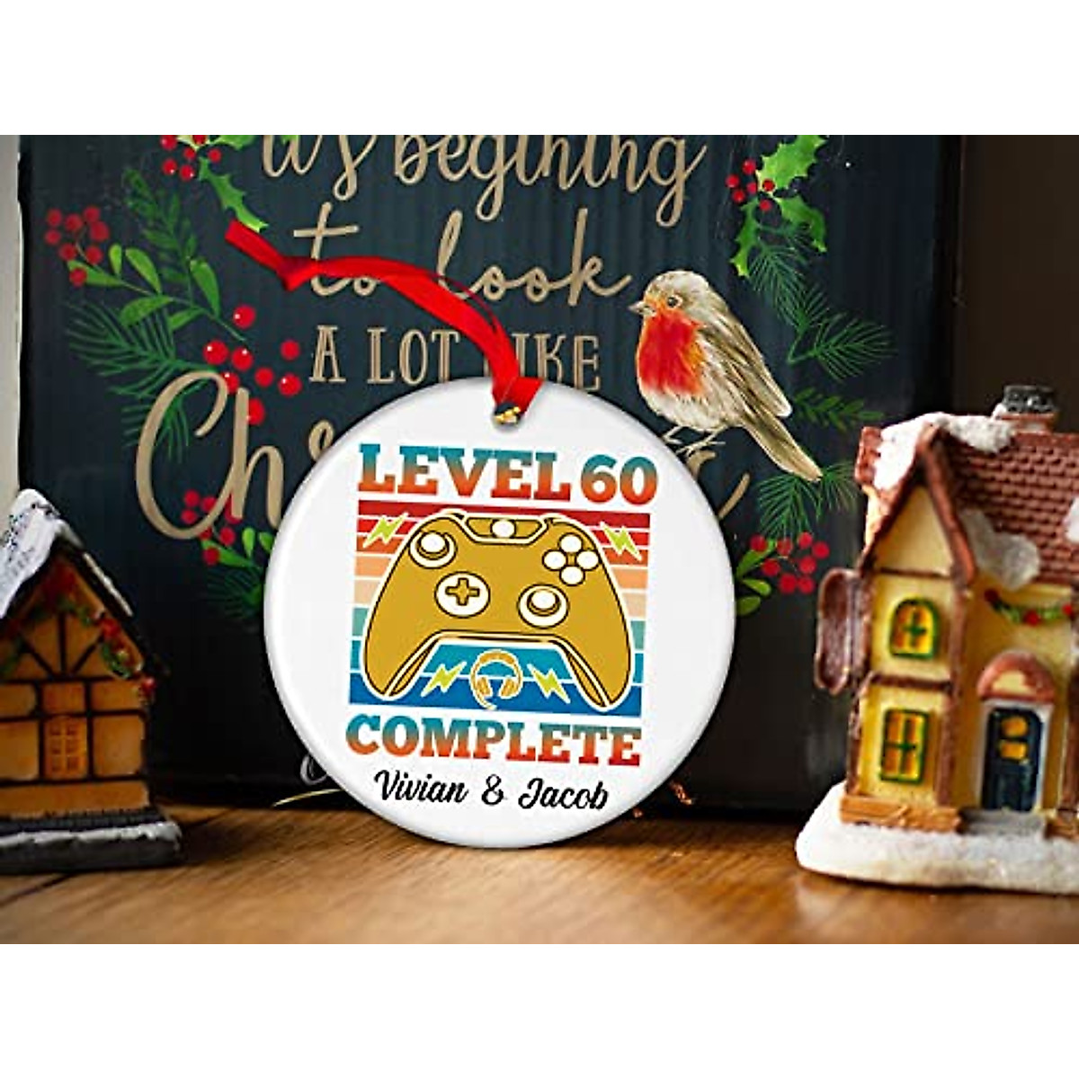 Prezzy 60th Birthday Ornament for Christmas Tree Keepsake Gifts for Men Women Friends Family Level 60 Complete Birthday Decorations Personalized Ornaments 3'' Circle Ceramic Hanging Pendants