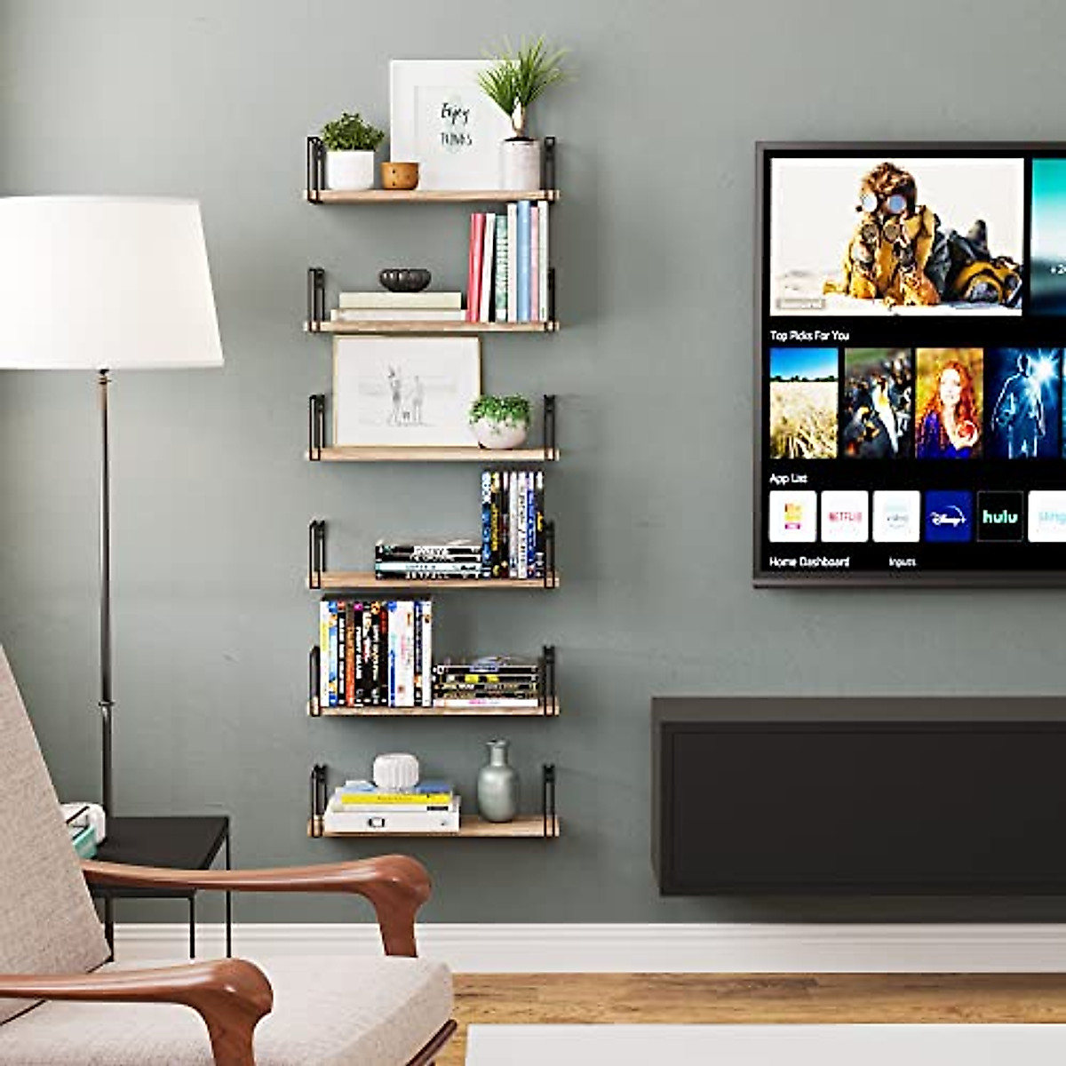 Wallniture Avila Floating Shelves, Wall Bookshelf Living Room Decor Shelves for Wall Storage, Kitchen Organization Home Office Decor DVD Storage Burnt, Set of 6