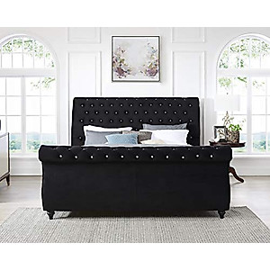 Roundhill Furniture Evora Velvet Upholstered Button Tufted, King, Black