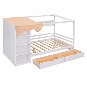 Linique Full Size House Bed with Wardrobe, Storage Drawers and Bookshelf, Solid Wood Bed Frame with Tent, White