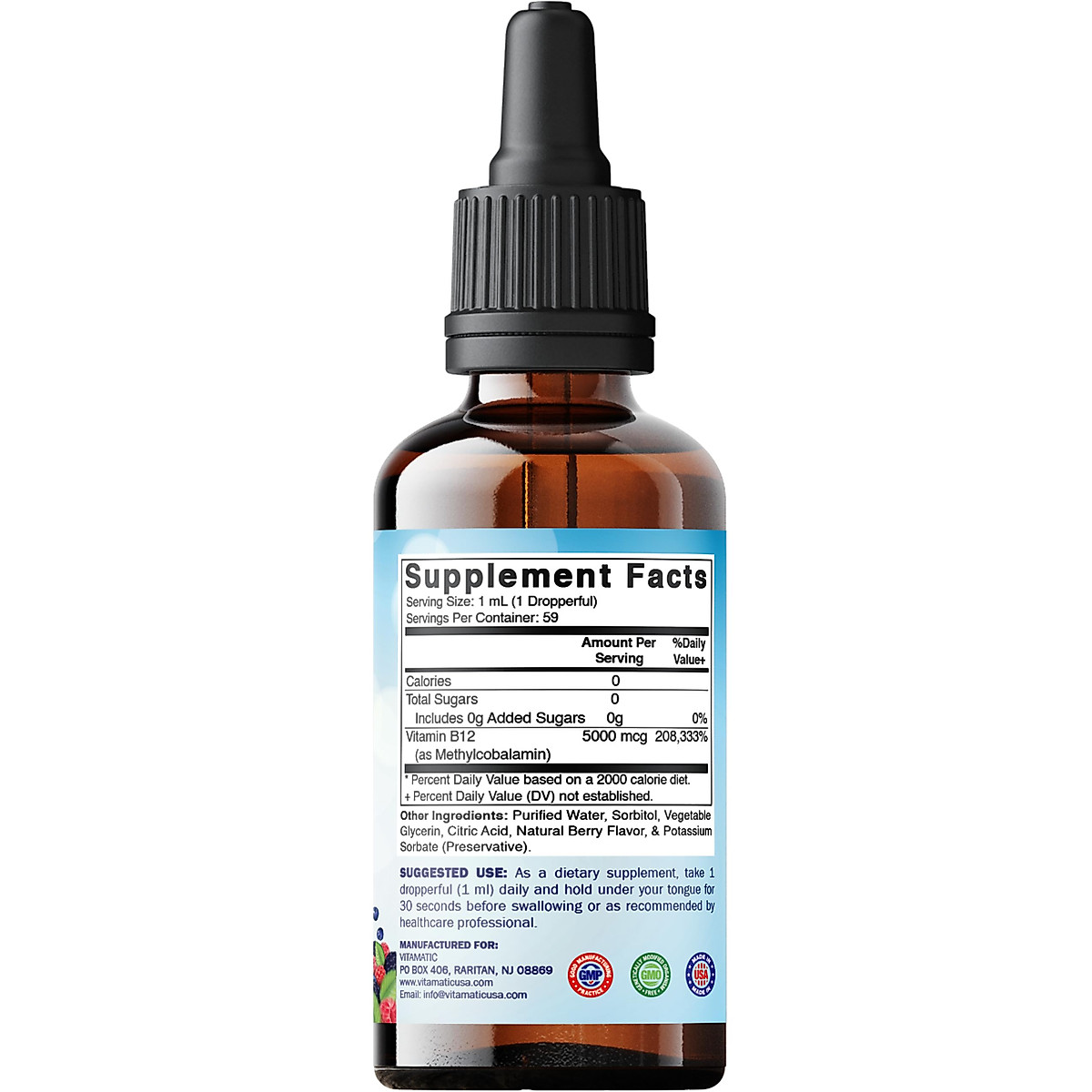 Vitamatic 2 Packs Fast Acting Liquid Vitamin B12 5000 mcg (Methylcobalamin) - Natural Berry Flavor - Sublingual Supplement - Faster Absorption - 2 OZ