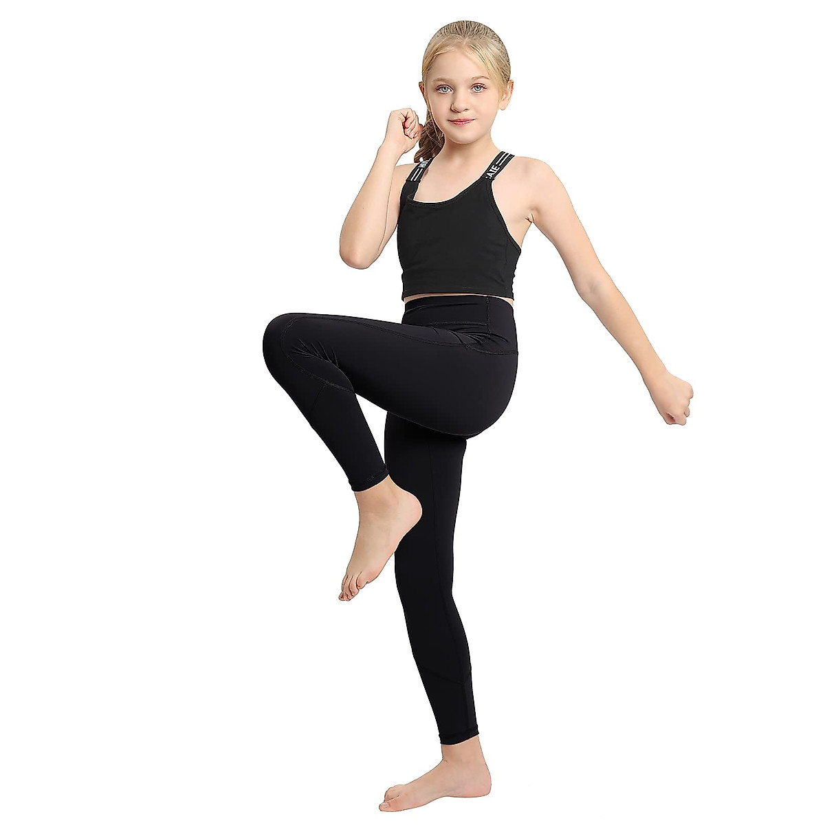 MERIABNY Girls Black Leggings Youth Athletic Yoga Pants Size 6X 7 High Waisted Dance Clothes for Training Exercise