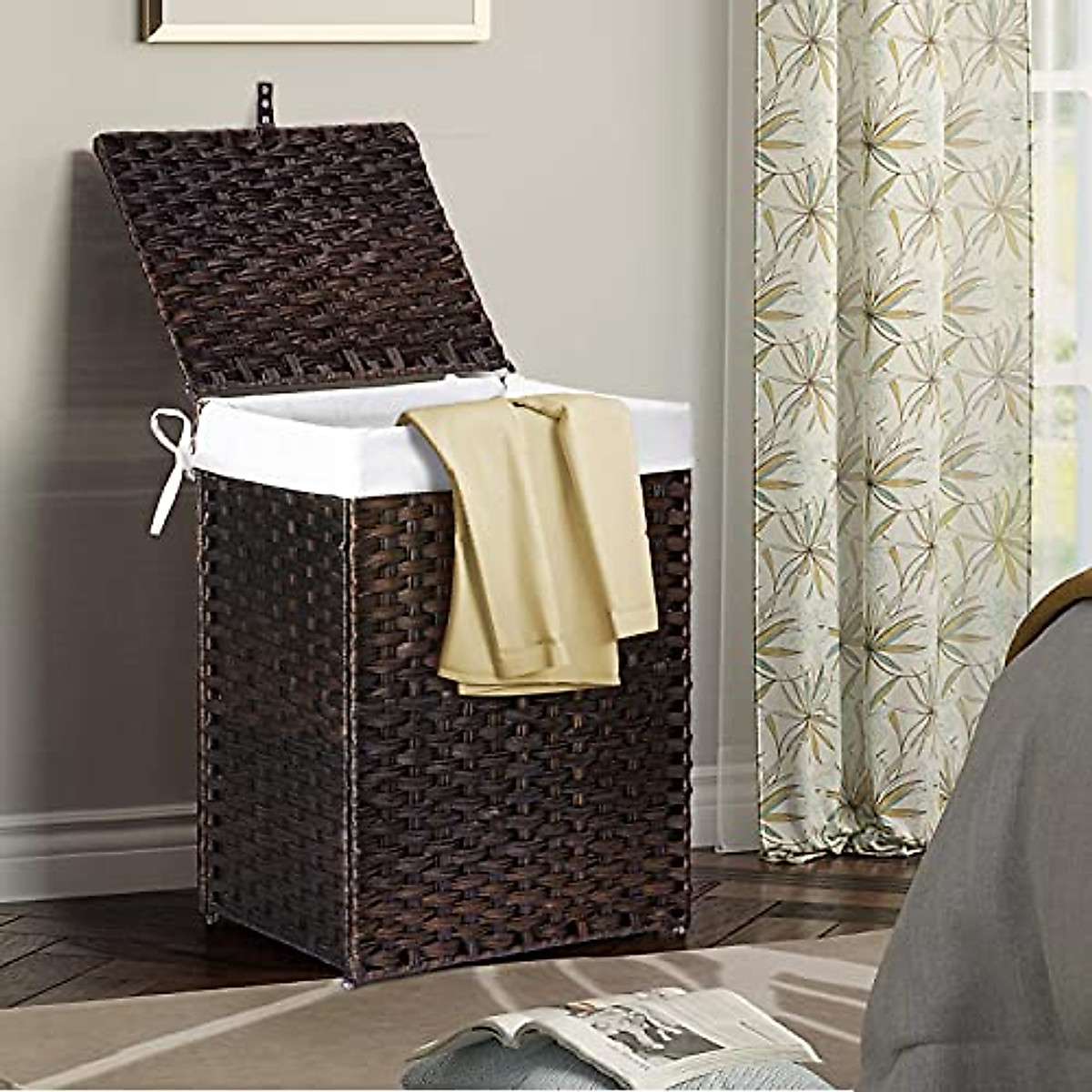 GREENSTELL Laundry Hamper with Lid, 90L Clothes Hamper with 2 Removable Liner Bags & 2 Mesh Laundry Bags, Handwoven Synthetic Rattan Laundry Basket for Clothes, Toys in Bathroom, Bedroom Brown