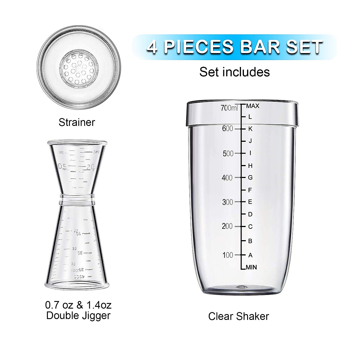 4 pcs Clear Cocktail Shaker Set 2 pcs Plastic bar Shaker with 2 pcs Plastic Cocktail Double Measuring Jigger