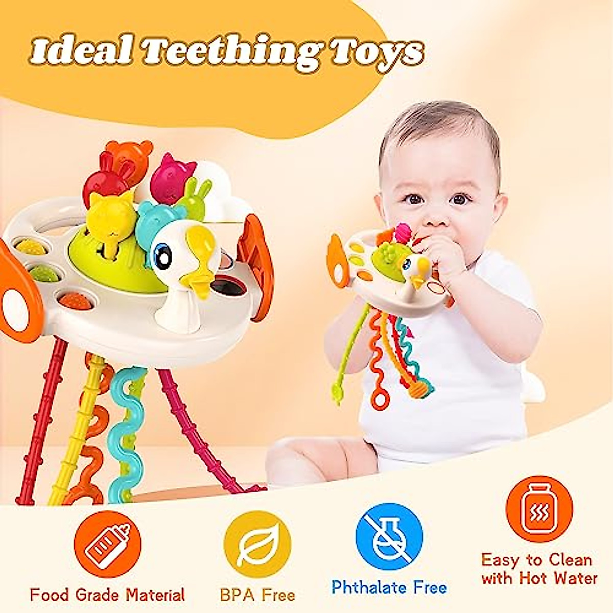 Montessori Baby Sensory Pull String Toys, Silicone Teething Toy for Babies 6-18 Months, 1-3 Years Old, Birthday Gifts for Infants Toddlers Kids Boy Girl, Bath Activities Travel Motor Skill
