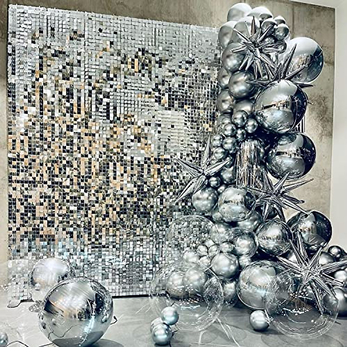 COKAOBE Silver Shimmer Wall Backdrop 24PCS Silver Sequins Backdrop Decoration Panels, Photo Backdrops for Birthday, Anniversary Wedding Engagement Decoration (Silver)