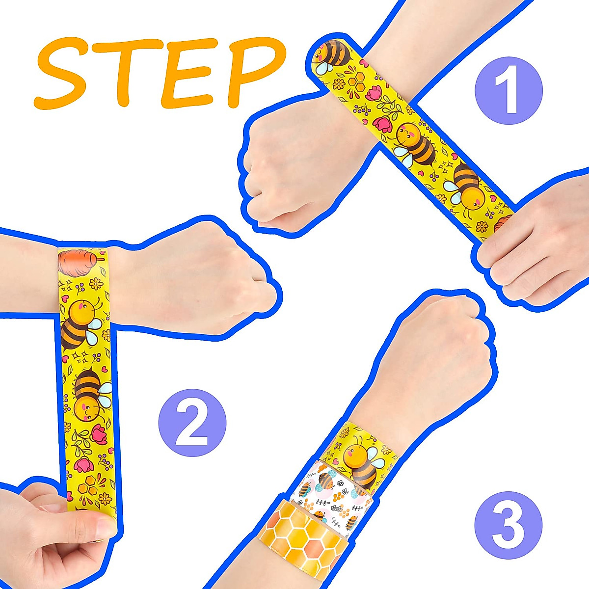 Bee Party Favors 48 PCS Bee Slap Bracelets Honeycomb Wristbands for Kids Boys Girls Bee Theme Birthday Party School Classroom Rewards Baby Shower Party Supplies