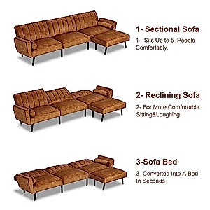 DURASPACE Velvet Sectional Convertible Sofa with Chaise, 107" L Shape Sectional Sofa Couch with USB, Split Back Folding Futon Couch for Living Room (Caramel Brown)