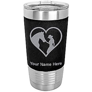 LaserGram 20oz Vacuum Insulated Tumbler Mug, Horse Cowgirl Heart, Personalized Engraving Included (Faux Leather, Black)