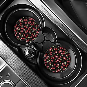 Jiueut Cute Red Cherry Fruit Car Coasters for Drinks Absorbent,Cute Car Coasters for Women,Car Cup Holder Coasters,Auto Accessories for Ladies,Pack of 2