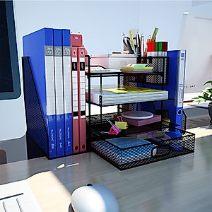 navmen Desk Organizer with File Holder,4 Tier Metal Mesh Desktop Organizer Paper Letter Tray Organizer with Drawer Holder and 2 Pen Holder,for Office Supplies Home or School Storage,(Black)