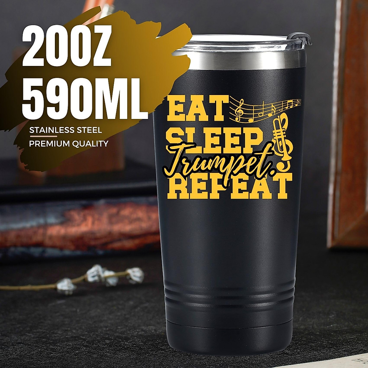 Onebttl Trumpet Gifts for Men, Trumpet Travel Mug for Music Lover, Trumpet Lovers, Sons, Grandson on Christmas, Birthday, Stainless Steel 20Oz Tumbler, Black - Eat Sleep Trumpet Repeat