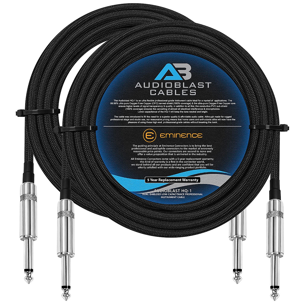 Audioblast - 2 Units - 18 Foot - HQ-1 - Braid(Black) Flexible - Dual Shielded(100%) - Guitar Instrument Effects Pedal Patch Cable w/Eminence Straight ¼ inch(6.35mm) TS Plugs & Double Staggered Boots